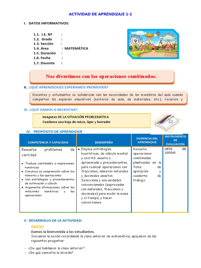 D1 A1 SESION Nos Divertimos Con Las Operaciones Combinadas. | PDF ...