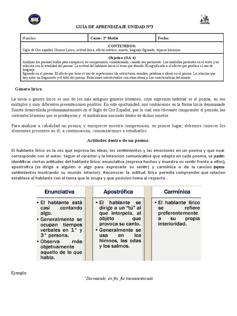 GUÍA DE APRENDIZAJE UNIDAD N°3 Editada | PDF | Poesía | Renacimiento