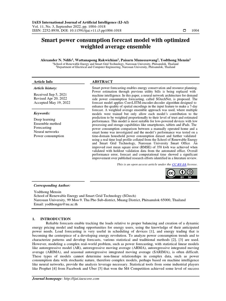 Smart Power Consumption Forecast Model With Optimized Weighted Average ...