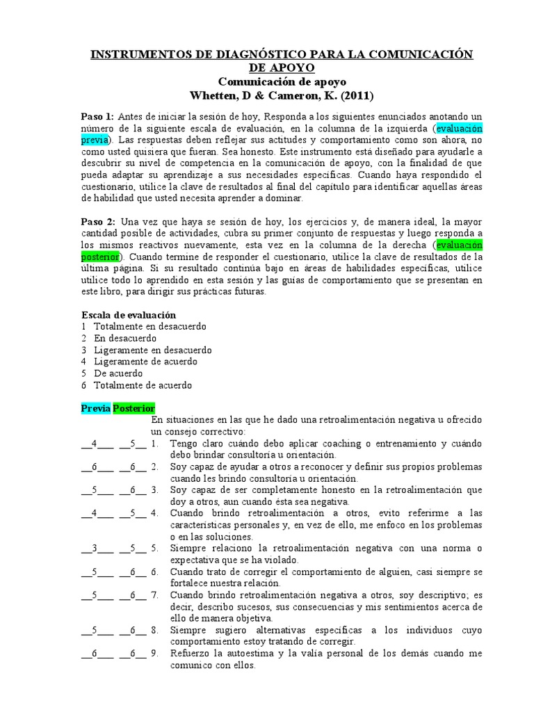 CUESTIONARIO DE DIAGNÓSTICO PARA LA COMUNICACIÓN DE APOYO - Whetten, D ...