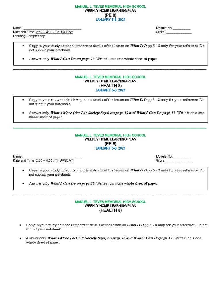 Pe, Health - m4 - Esp 1 2nd Q - w1 | PDF | Wood Products | Writing