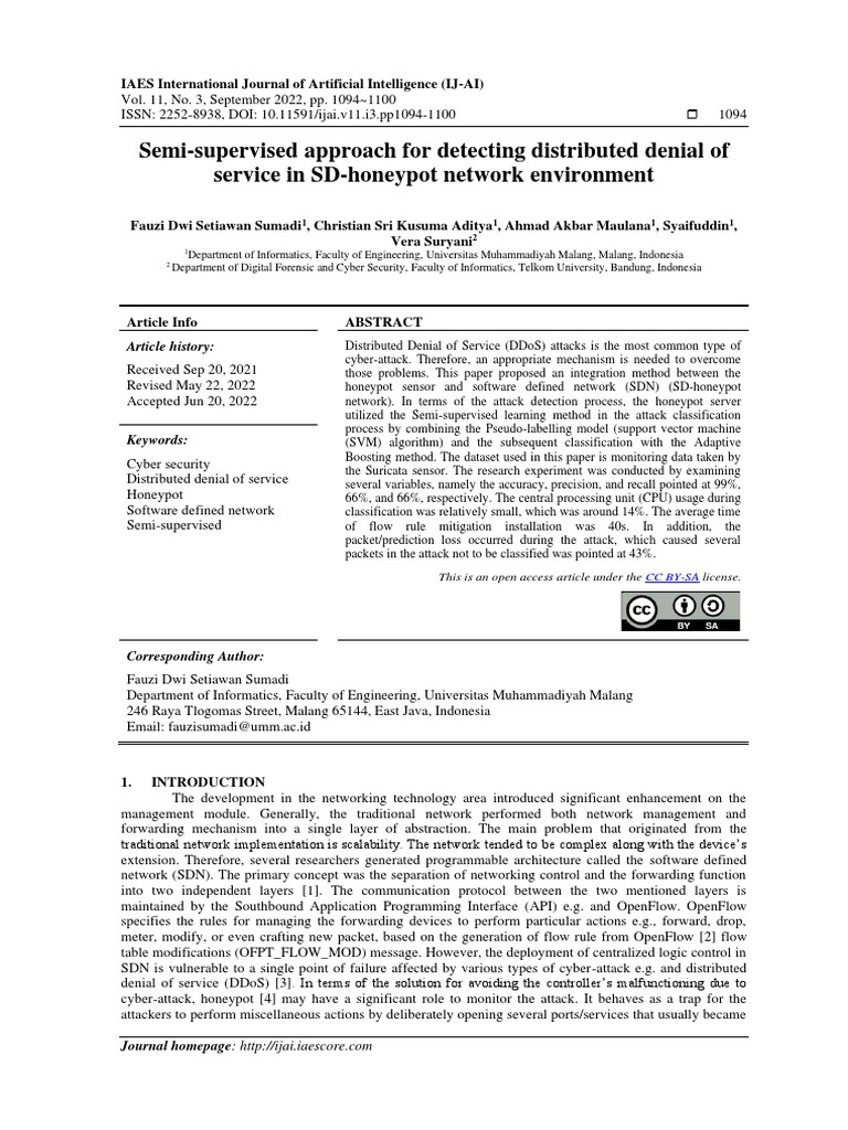 Semi Supervised Approach For Detecting Distributed Denial Of Service In Sd Honeypot Network