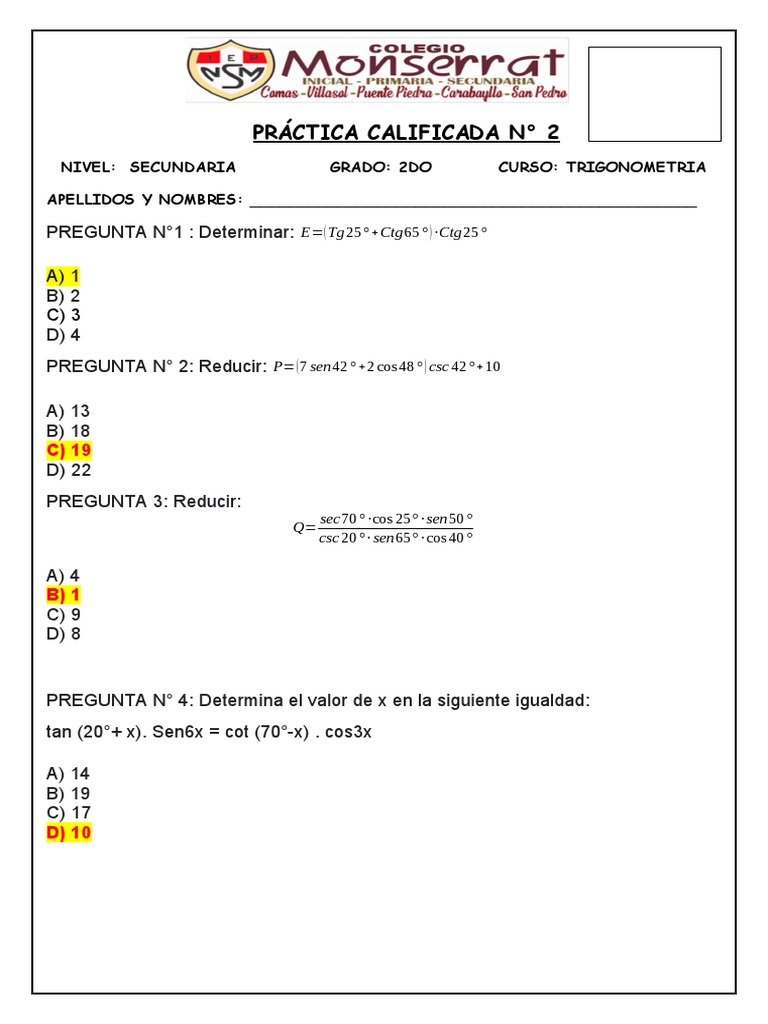 2do Sec Trigonometria 2da Practica Calificada | PDF