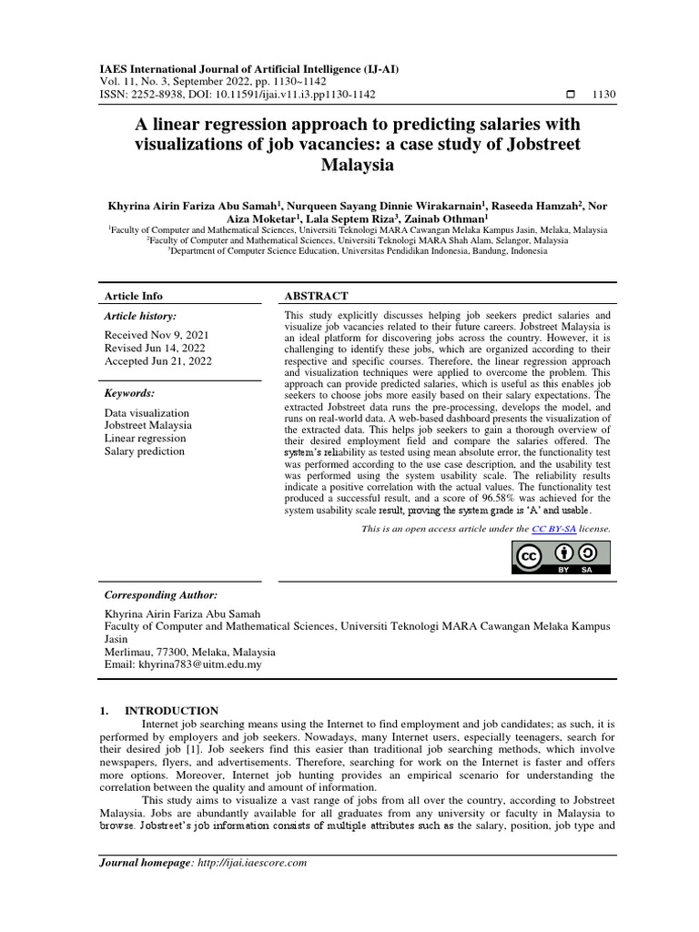 A Linear Regression Approach To Predicting Salaries With Visualizations Of Job Vacancies A Case