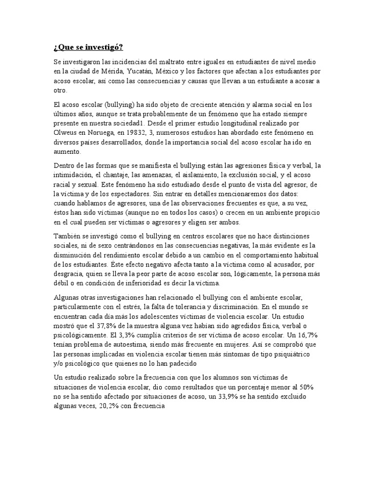 Investigacion Sobre El Bullying | PDF | Injusticia | Sicología