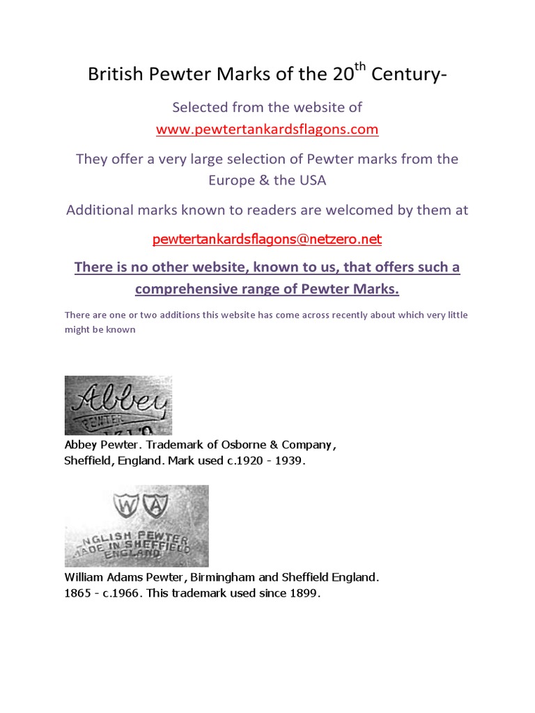British Pewter Marks of The 20th Century | PDF | England | Arts And ...