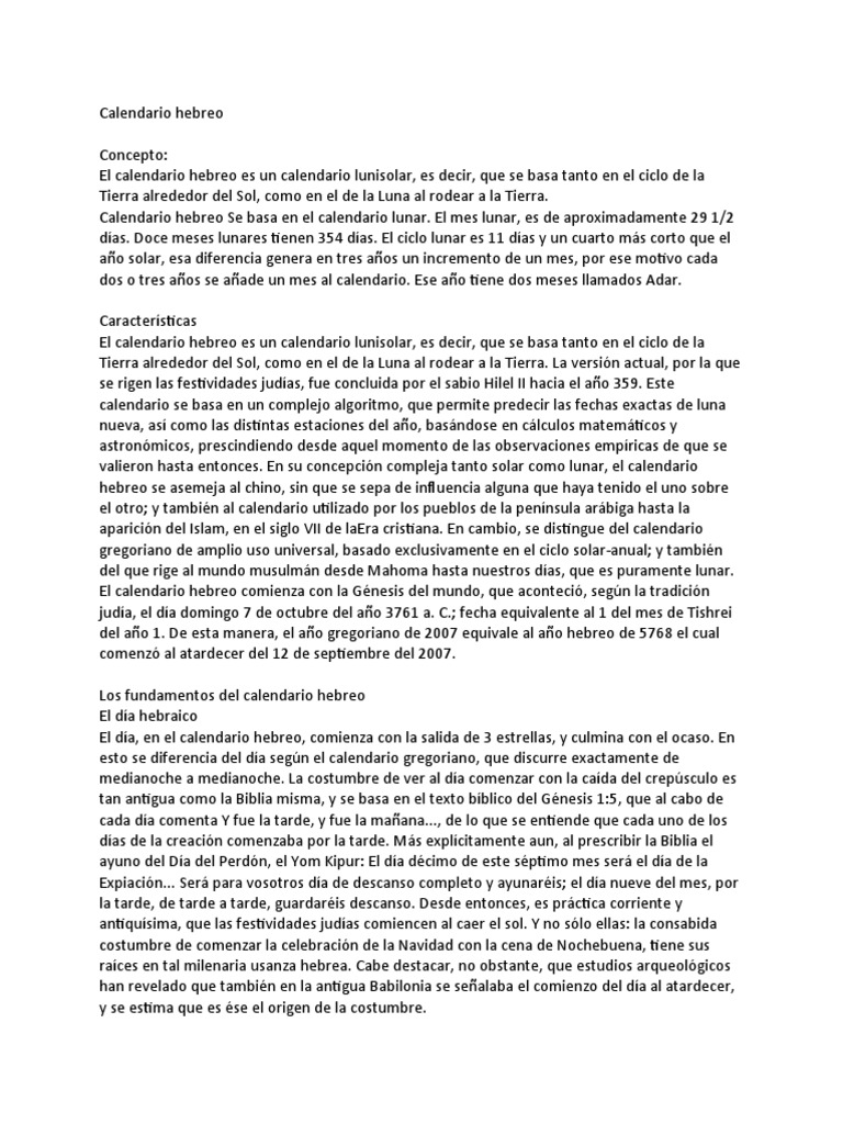 Calendario hebreo: Estructura y características | PDF | Calendario ...