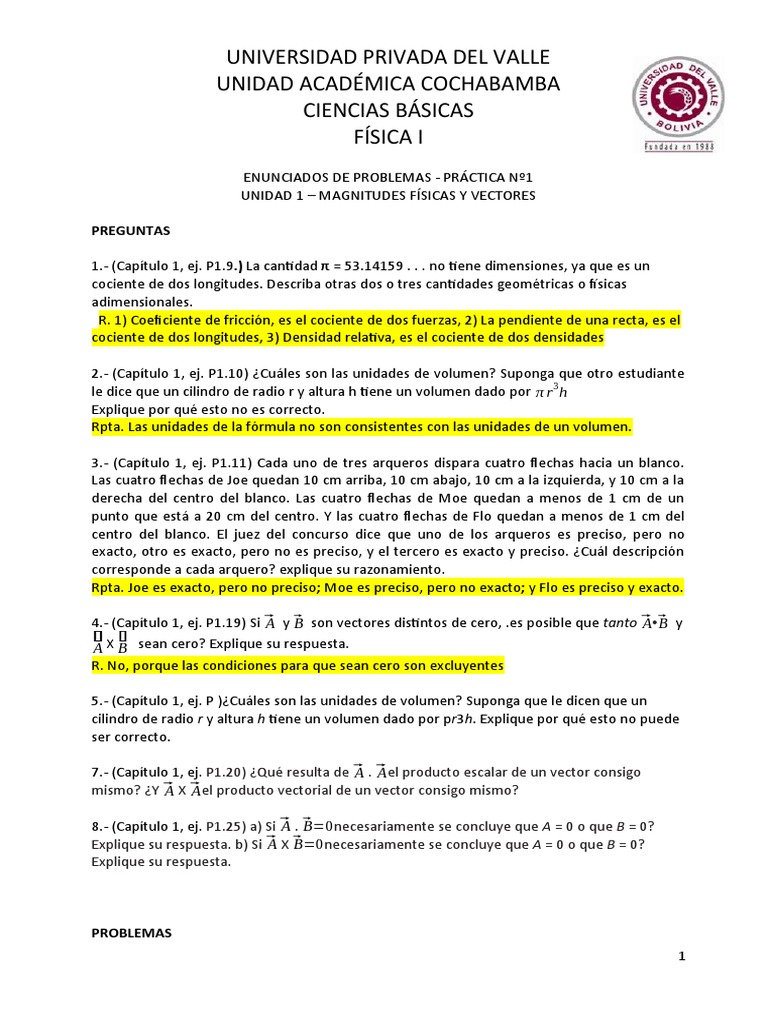 Problemas de Física I: Vectores y Magnitudes | PDF | Vector Euclidiano | Densidad