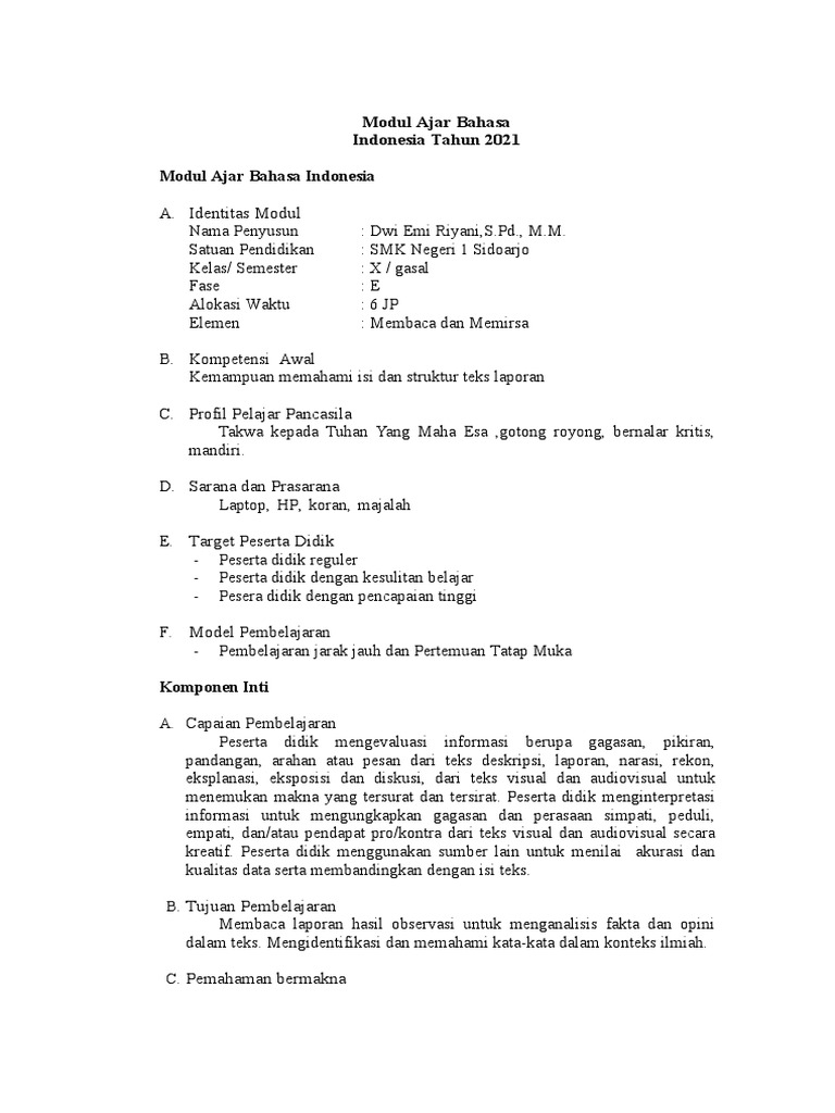 I. Modul Ajar Membaca & Memirsa Lho-Bahasa Indonesia | PDF