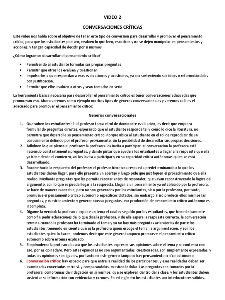 Video 2-Conversaciones Criticas | PDF | Pensamiento crítico | Pensamiento