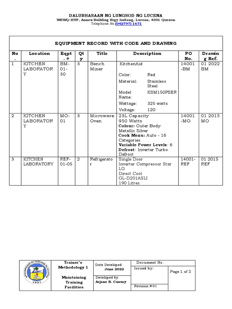 Equipment Record With Code and Drawing No - Location Eqpt - # QT y Title Description PO No ...