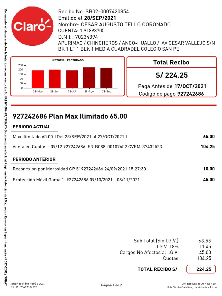 Recibo Claro: Detalles y Consumo 2021 | PDF