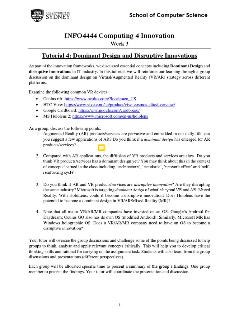 INFO4444 - Tutorial - W3 - Dominant Design and Disruptive Innovation | PDF | Virtual Reality ...