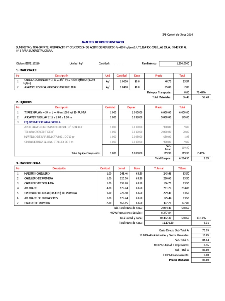 Analisis Apu Acero | PDF | Acero | Hormigón