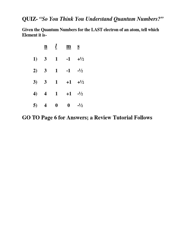 QUIZ-"So You Think You Understand Quantum Numbers?" | Download Free PDF ...