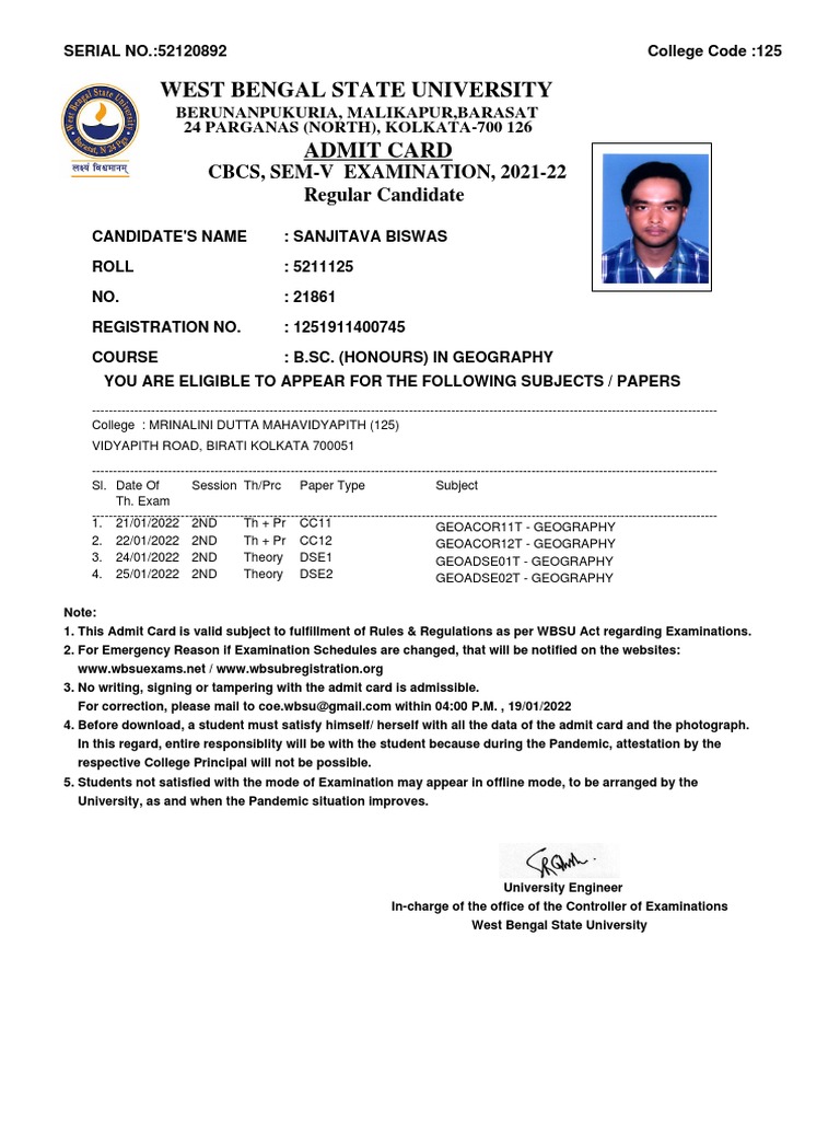 West Bengal State University: CBCS, Sem-V Examination, 2021-22 Regular Candidate | PDF ...