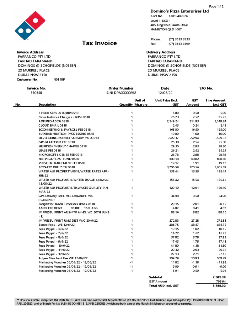 Domino - S Pizza Enterprises LTD - Invoice 750348 12-06 | PDF | Fee | Economies