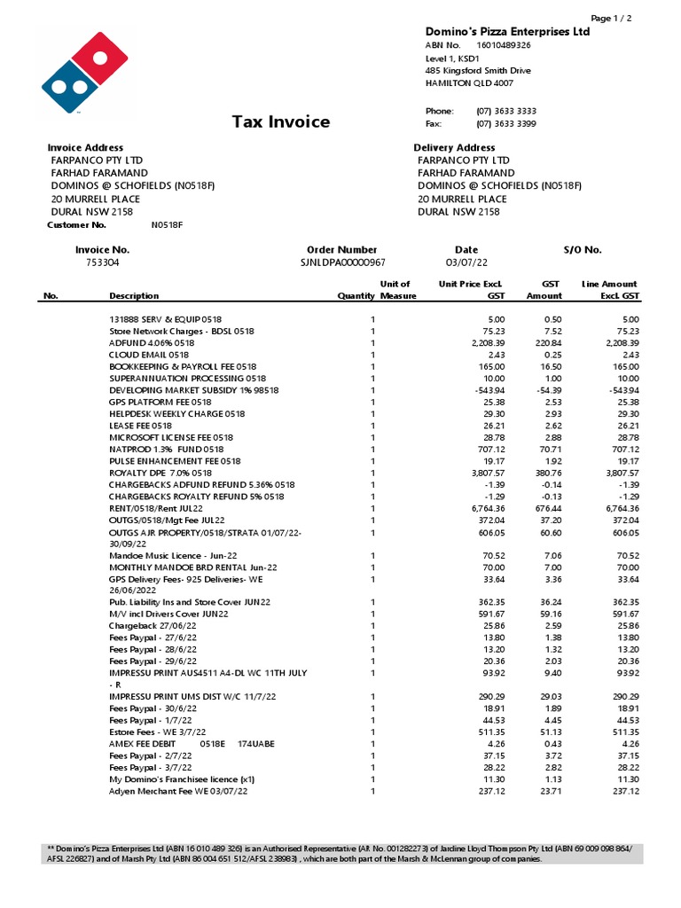 Domino_s Pizza Enterprises Ltd - Invoice 753304 03-07-22 | PDF | Fee ...
