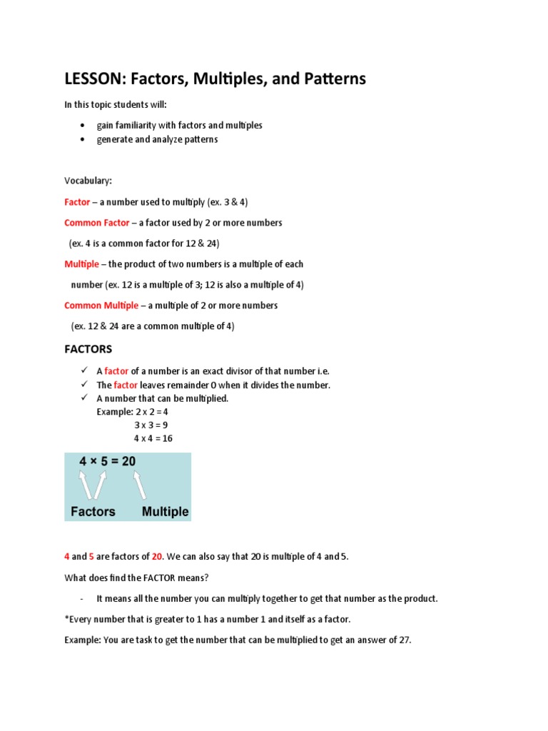 LESSON: Factors, Multiples, and Patterns | PDF | Numbers | Abstract Algebra