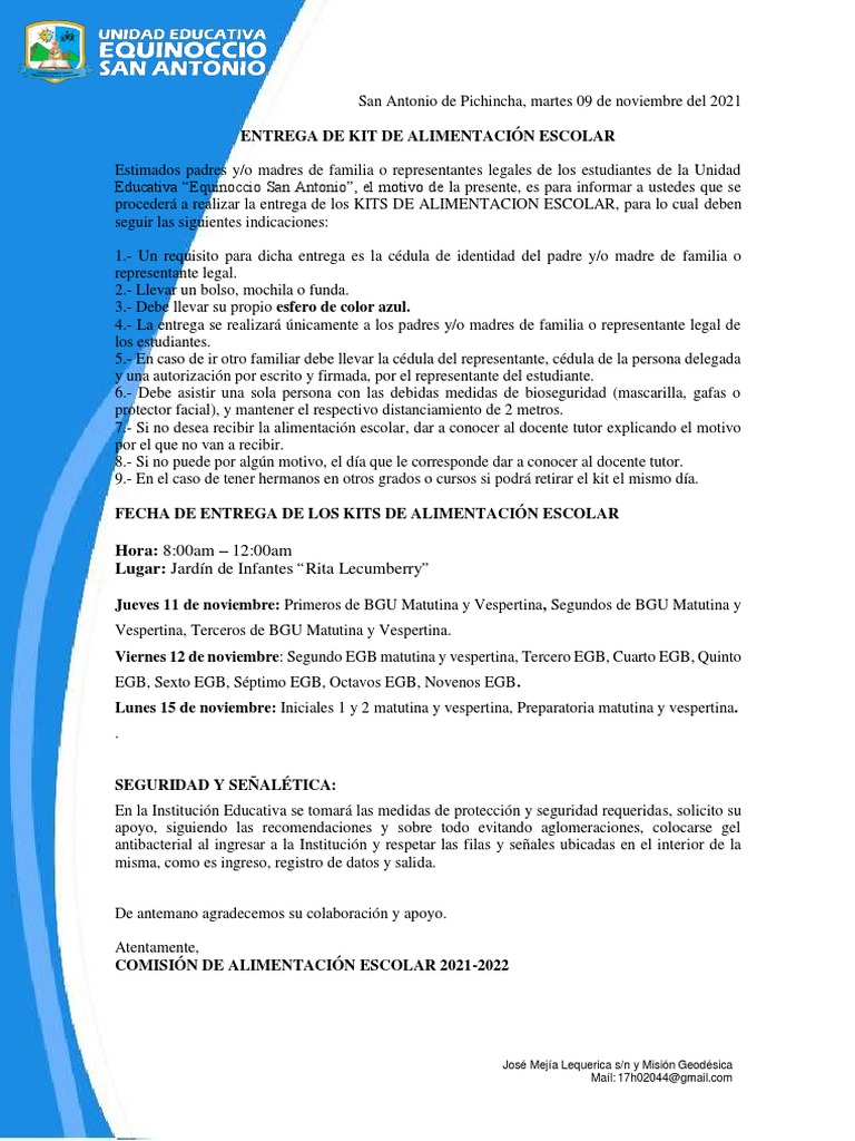 Unicado SEGUNDA ENTREGA para La Entrega de Kits de Alimentación Escolar (02) 21-22 | PDF