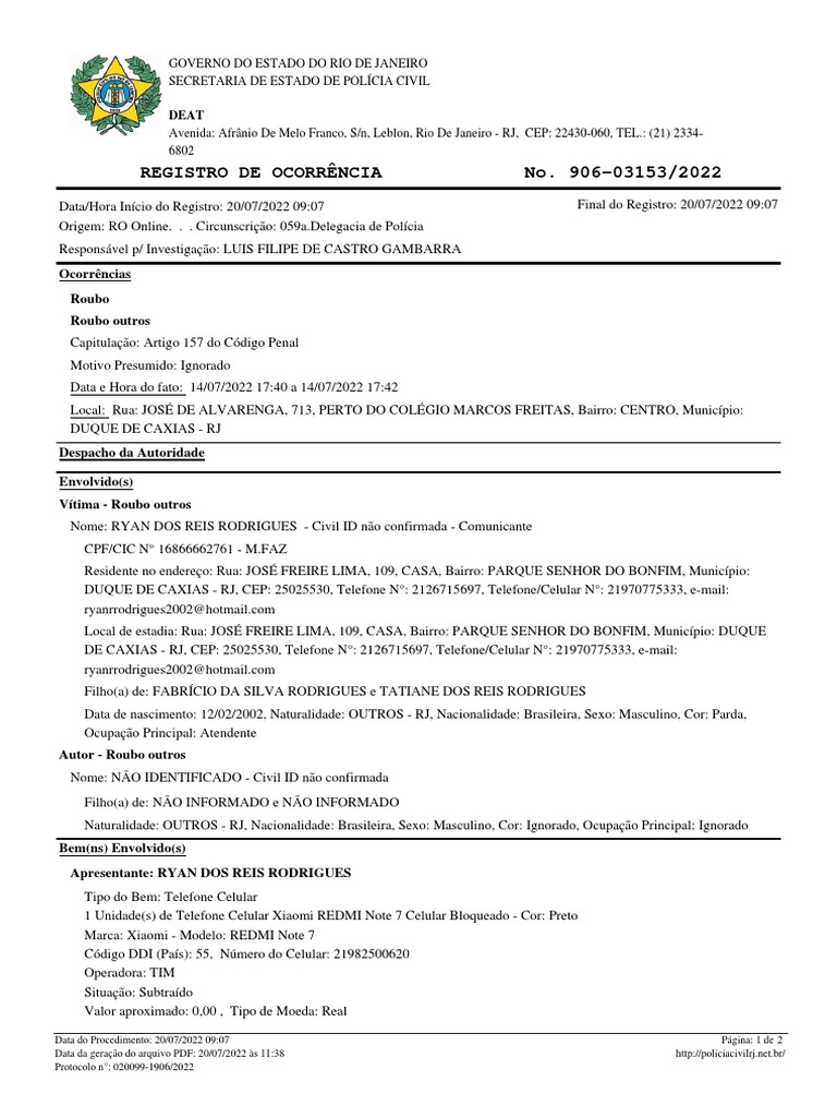 Boletim De Ocorrência Pdf Celulares