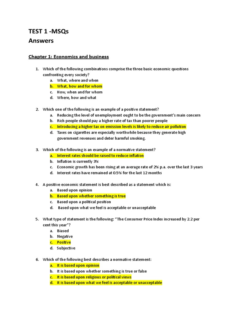 Economics Chapter 1 Test Answers | PDF | Economics | Opportunity Cost