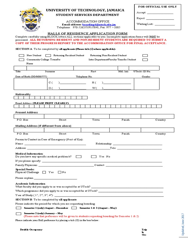 University of Technology, Jamaica: Halls of Residence Application Form ...