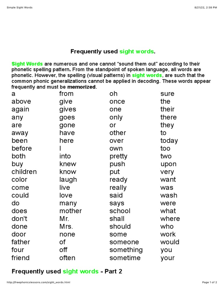 Simple Sight Words For Grade 7 Set A | PDF