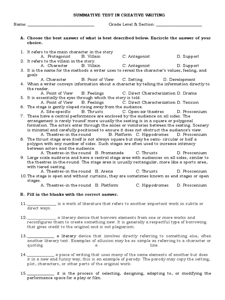 Creative Writing Summative Test Sample (SY 2020-2021) | PDF ...