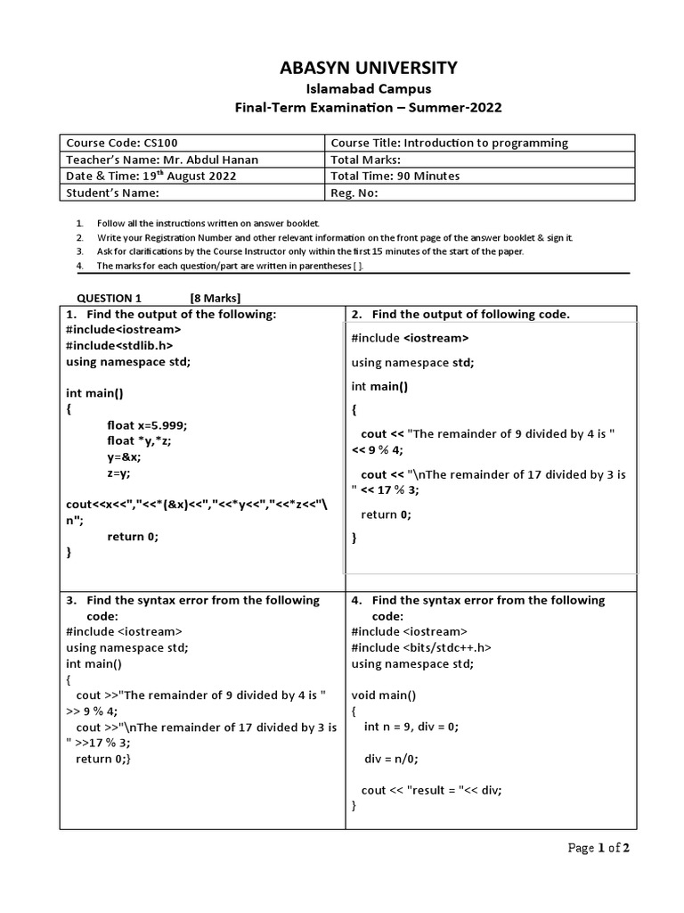 Abasyn University: Islamabad Campus Final-Term Examination - Summer-2022 | PDF | Namespace ...