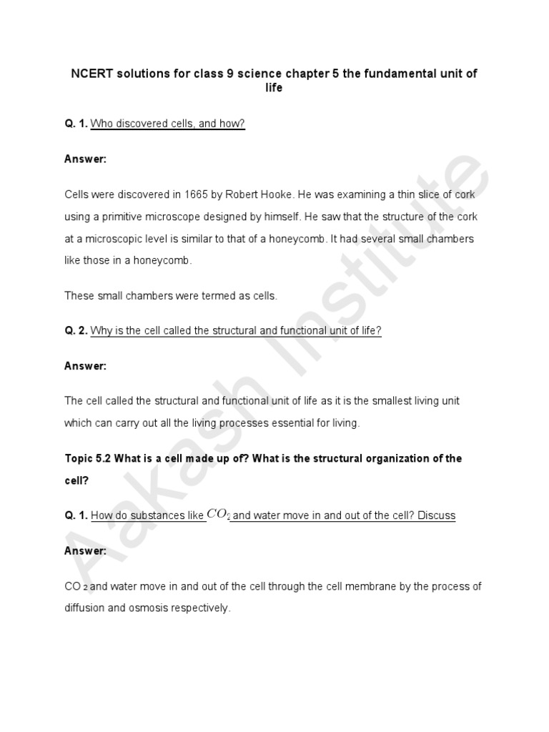 Ncert Solutions Class 9 Science Chapter 5 The Fundamental Unit of Life ...