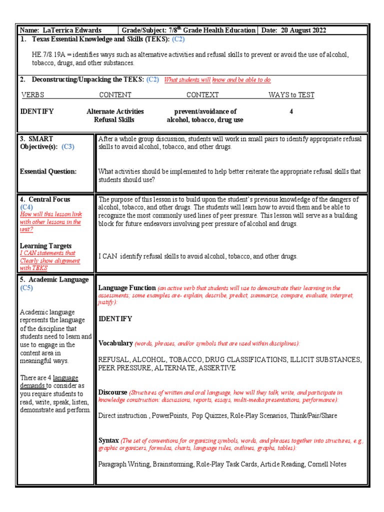Edtpa Lesson Plan Guide LPG - 1 - Alcohol Refusal | PDF | Educational ...