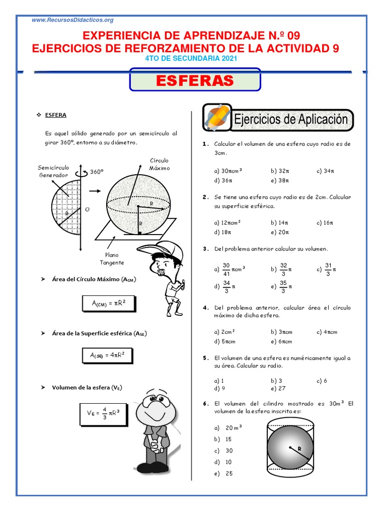 Ejercicios de Reforzamiento Eda 9 Act. 9 Mat. 4to | PDF | Esfera | Geometría diferencial