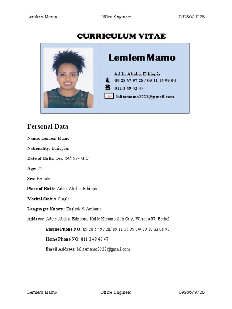 My CV | PDF | Ethiopia | Engineer