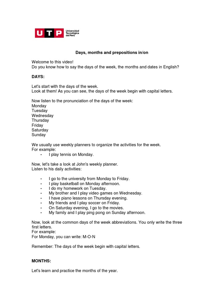 PDF - Days, Months - and Prepositions in On | PDF | Observances