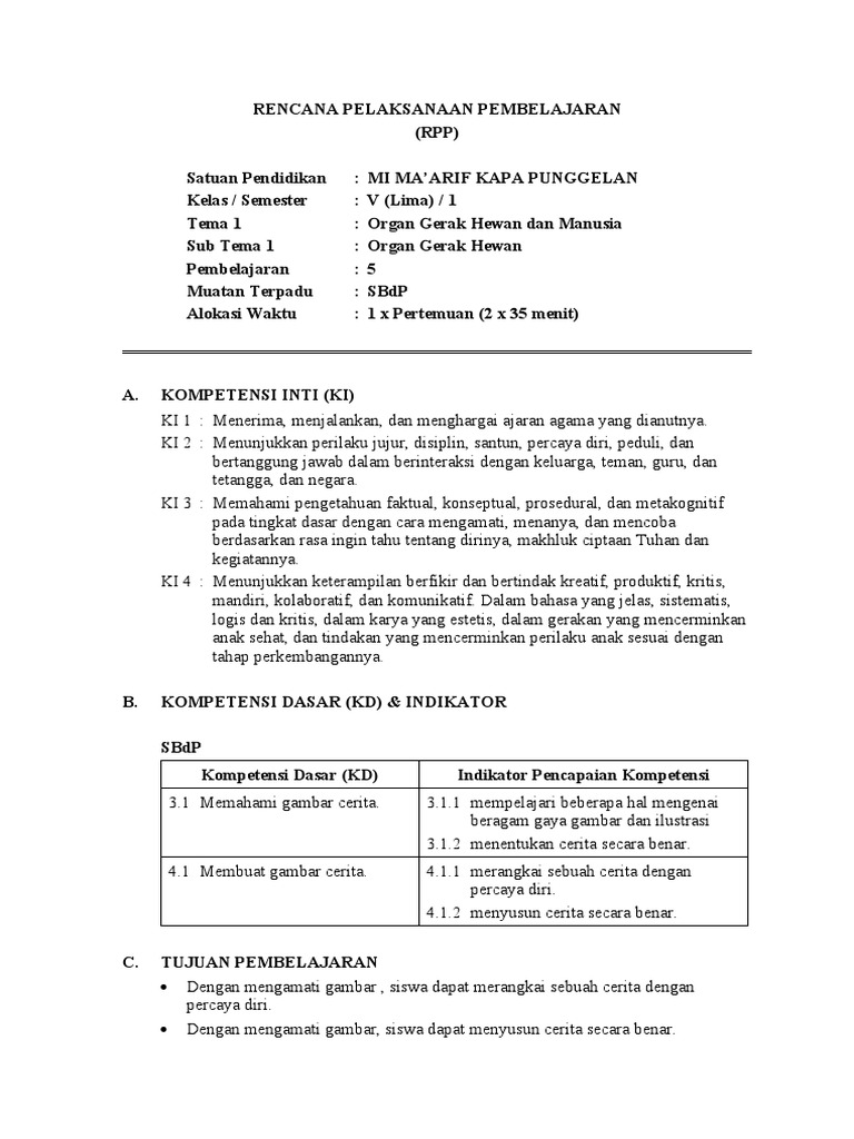RPP KELAS 5 Tema 1 SBDP ST 1 PMB 5 | PDF | Karier & Perkembangan