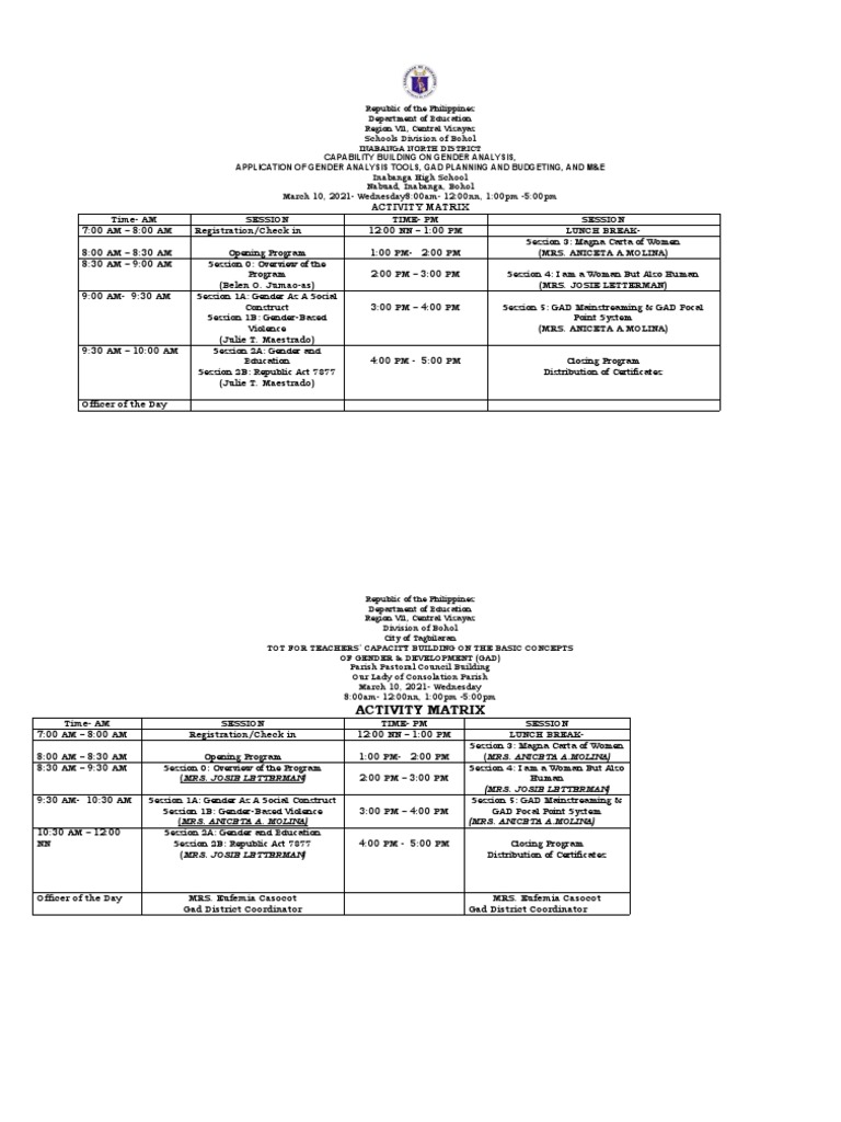Activity Matrix Republic Of The Philippines Department Of Education Region Vll Central Visayas