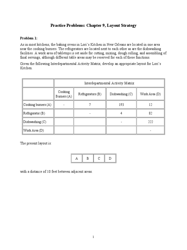 Practice Problems: Chapter 9, Layout Strategy: Problem 1 | PDF | Kitchen | Computer Science