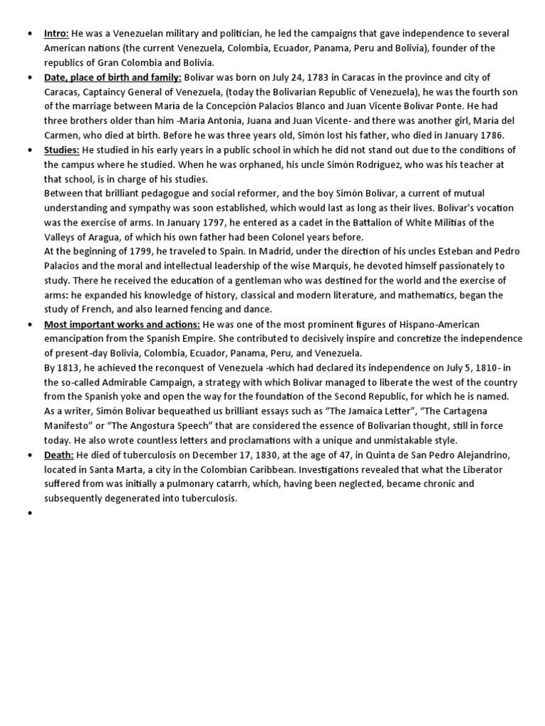 Simon Bolivar's Biography Script | PDF | Venezuela | South America