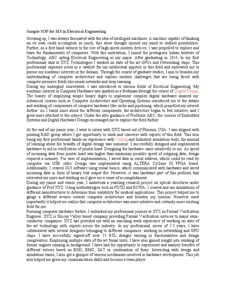 Sample SOP For MS in Electrical Engineering: Digital Design | PDF ...