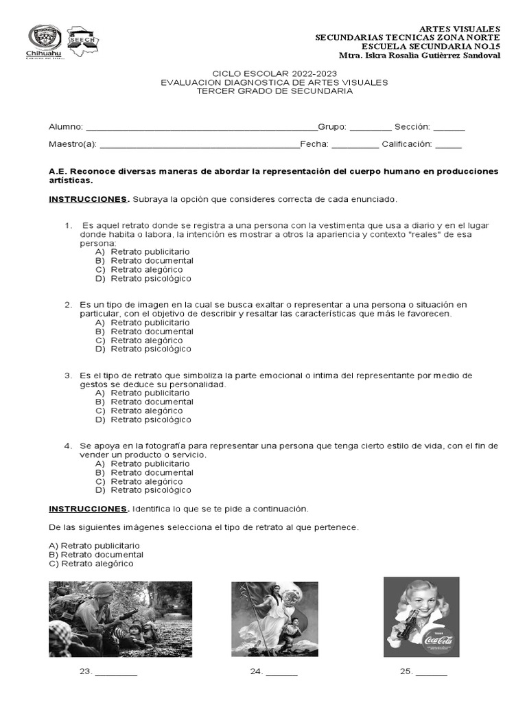 Examen Diagnostico Artes 3ro 2022 2023 Pdf Retrato Expresionismo