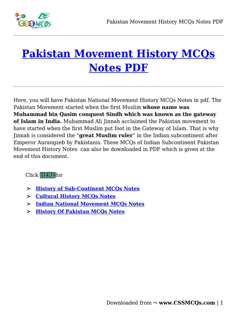 Pakistan Movement History Mcqs Notes Pdf Pdf Muhammad Ali Jinnah