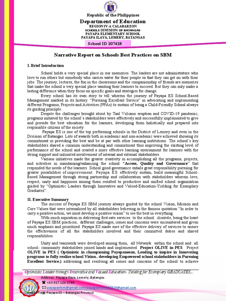 Department of Education: Narrative Report On Schools Best Practices On SBM | PDF | Governance ...