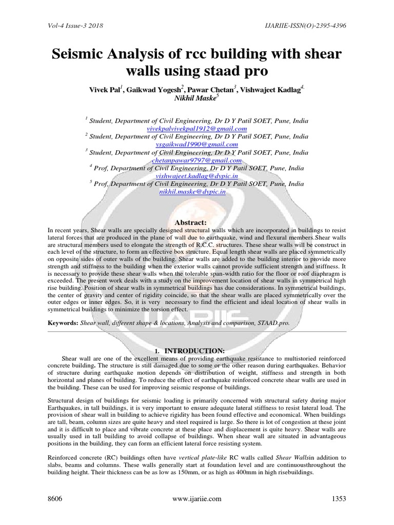 Seismic Analysis of RCC Building With Shear Walls Using Staad Pro | PDF | Applied And ...