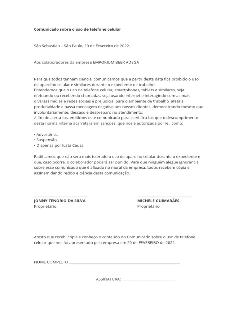 Comunicado Sobre o Uso de Telefone Celular | PDF