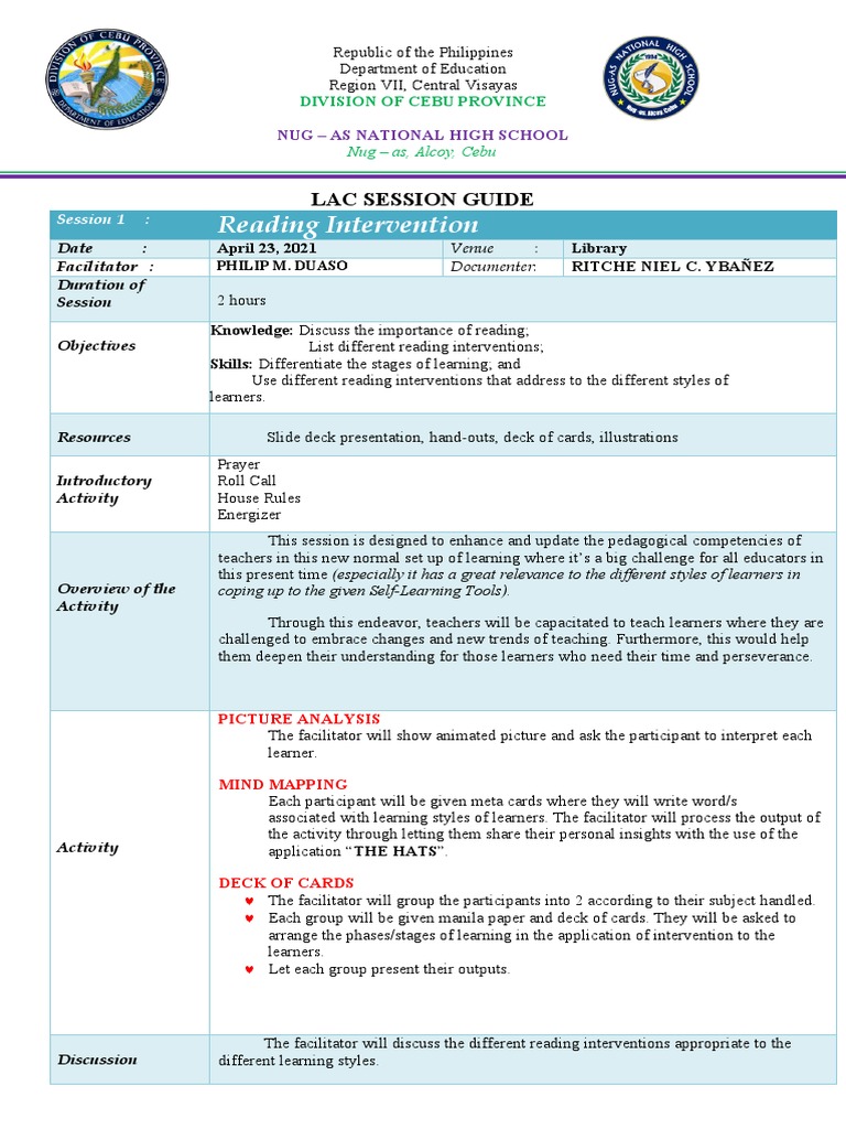 Reading Intervention: Lac Session Guide | PDF | Learning | Facilitator