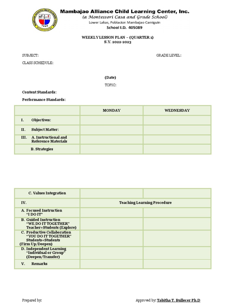 Weekly Lesson Plan - (Quarter 1) S.Y. 2022-2023: Subject: Grade Level ...