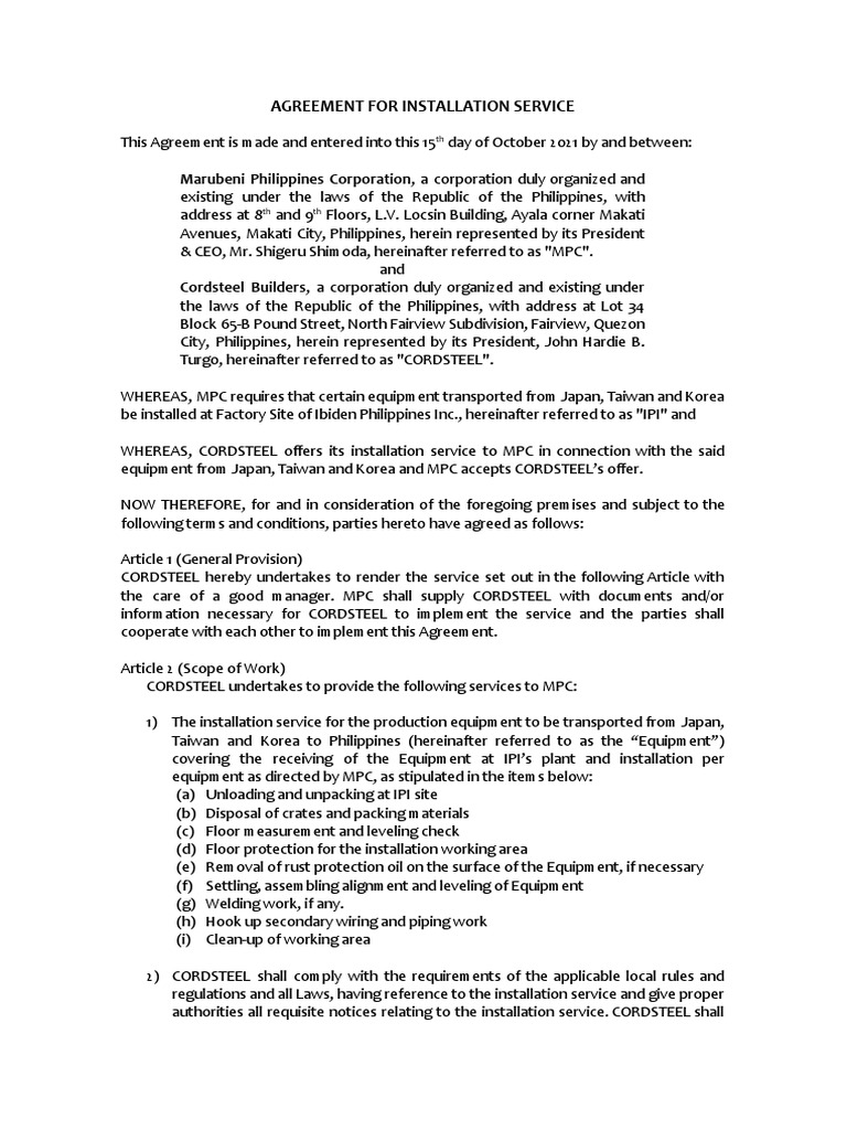Agreement For Installation Service: Marubeni Philippines Corporation, A ...