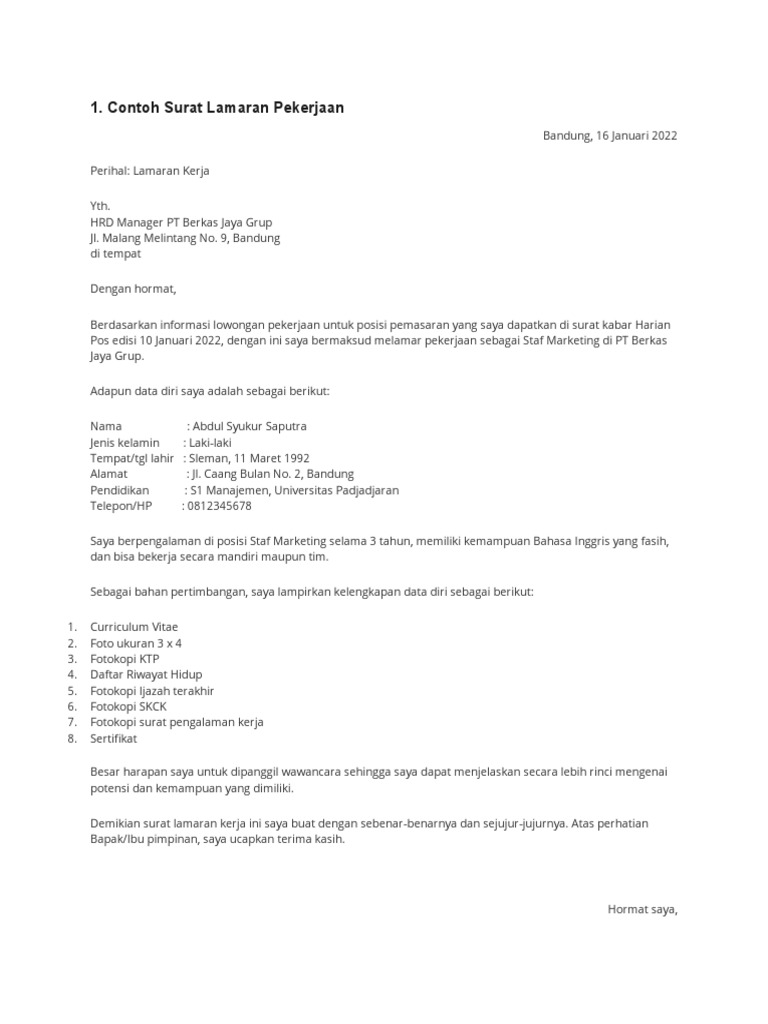 Contoh Surat Lamaran Kerja Efektif | PDF