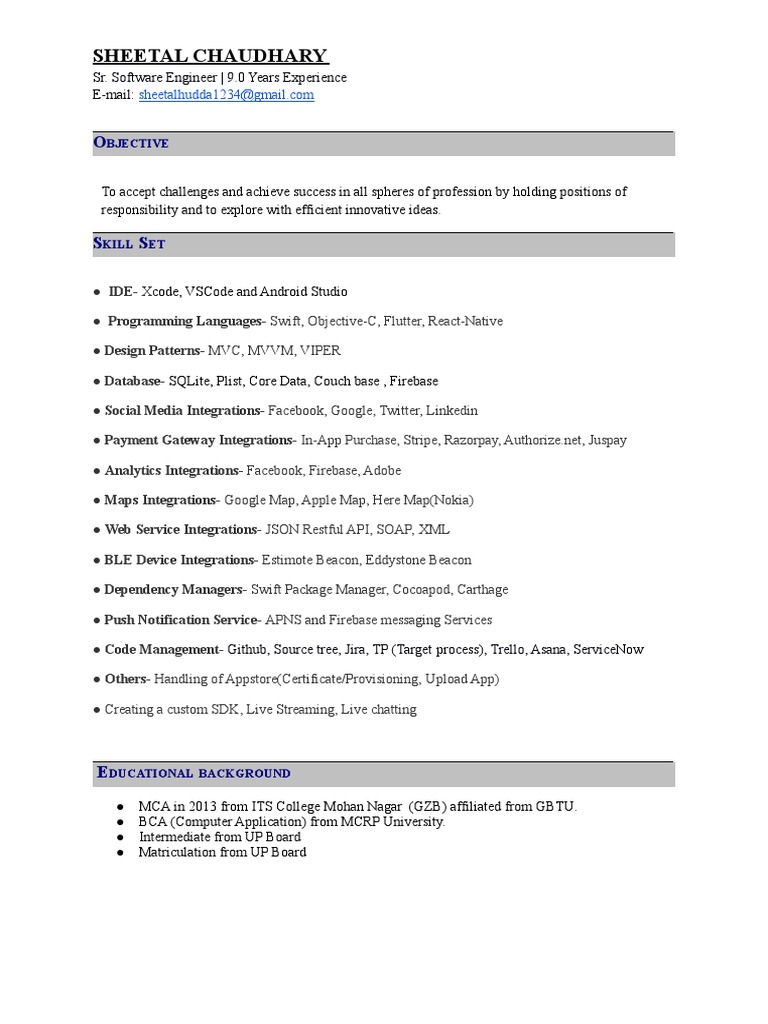 Sheetal_Resume.docx | PDF | Swift (Programming Language) | Application Software
